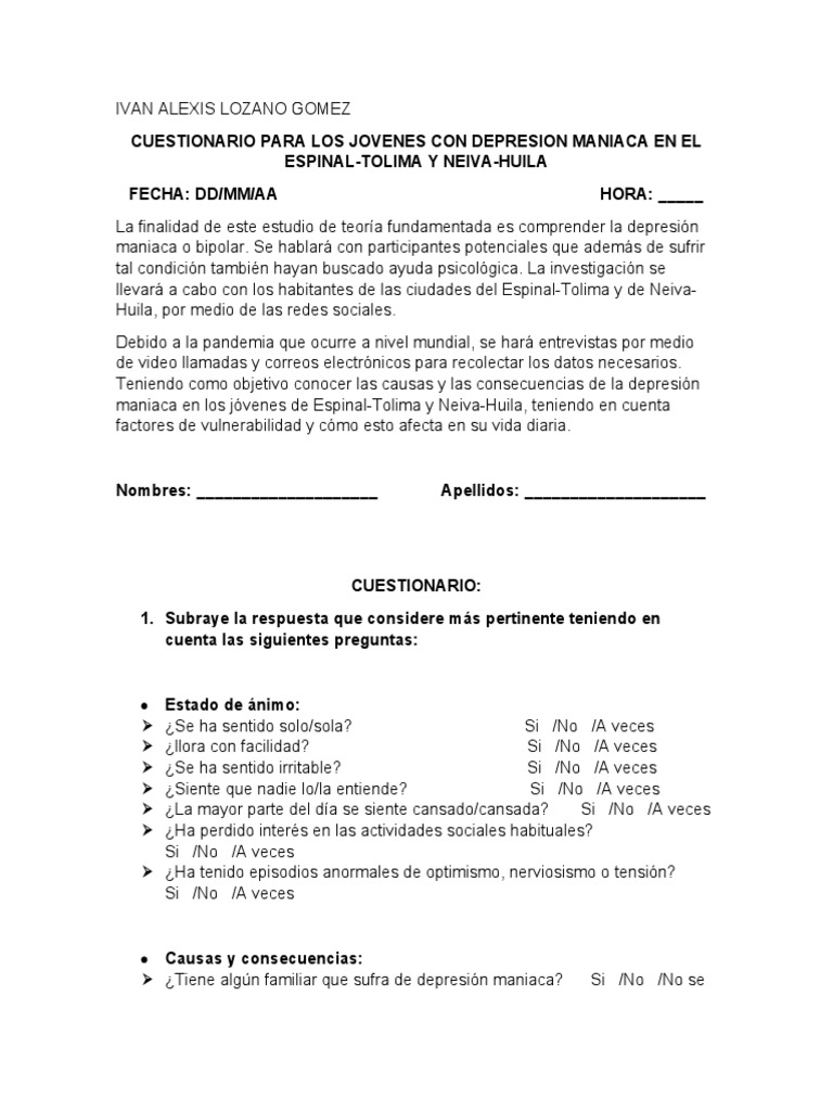 Cuestionario para Los Jovenes Con Depresion Maniaca | PDF | Depresión ...