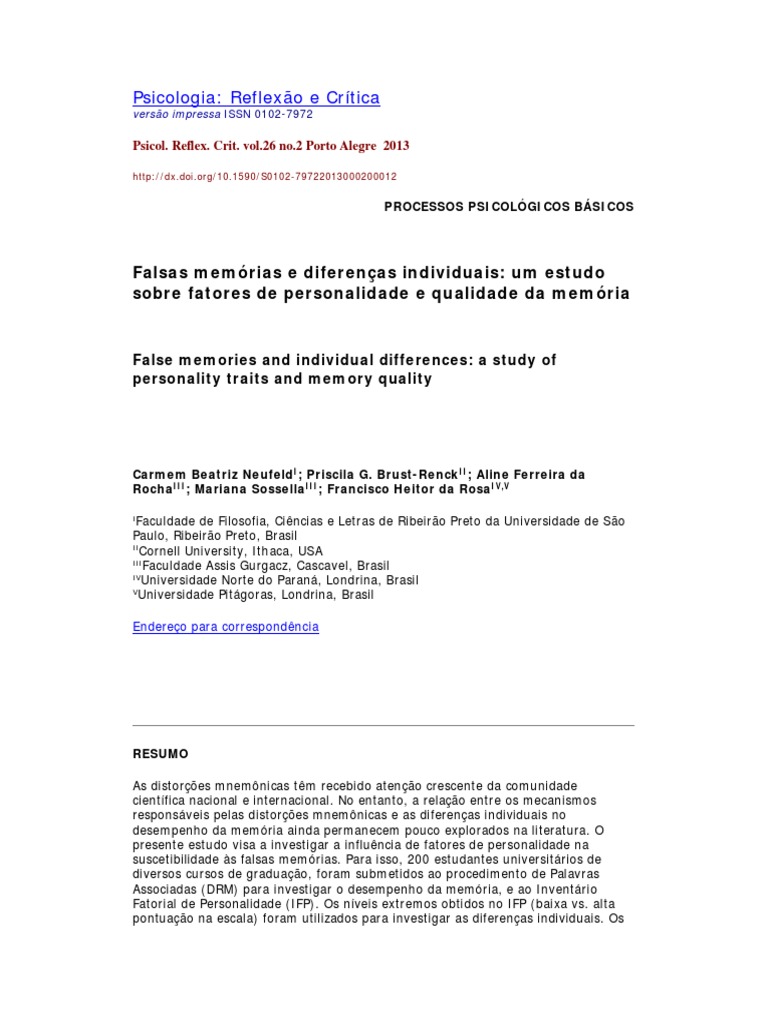 Falsas Memórias e Diferenças Individuais - Um Estudo Sobre Fatores de ...