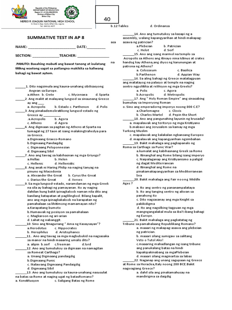 2nd QTR SUMMATIVE TEST IN AP 8 SY 2021 2022 (With Answers) | PDF