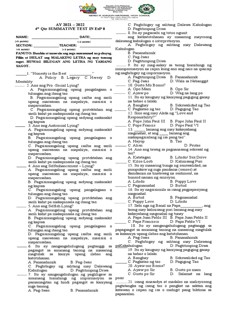 4th QTR SUMMATIVE TEST IN EsP 8 (With Answers) | PDF