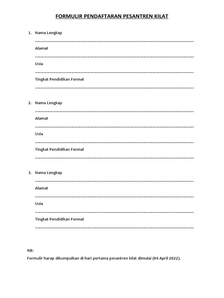 Formulir Pendaftaran Pesantren Kilat | PDF Formulir Pendaftaran Pesantren Kilat | PDF