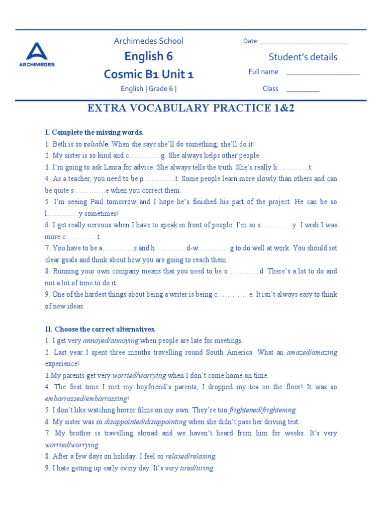 As.G6.PBT.cosmic B1.Unit1.Extra Vocabulary Practice1&2 | PDF | Newspapers