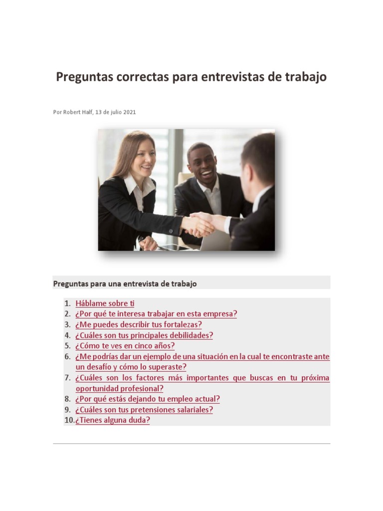 Robert Half (2021) - Preguntas para Entrevistas de Trabajo | PDF ...