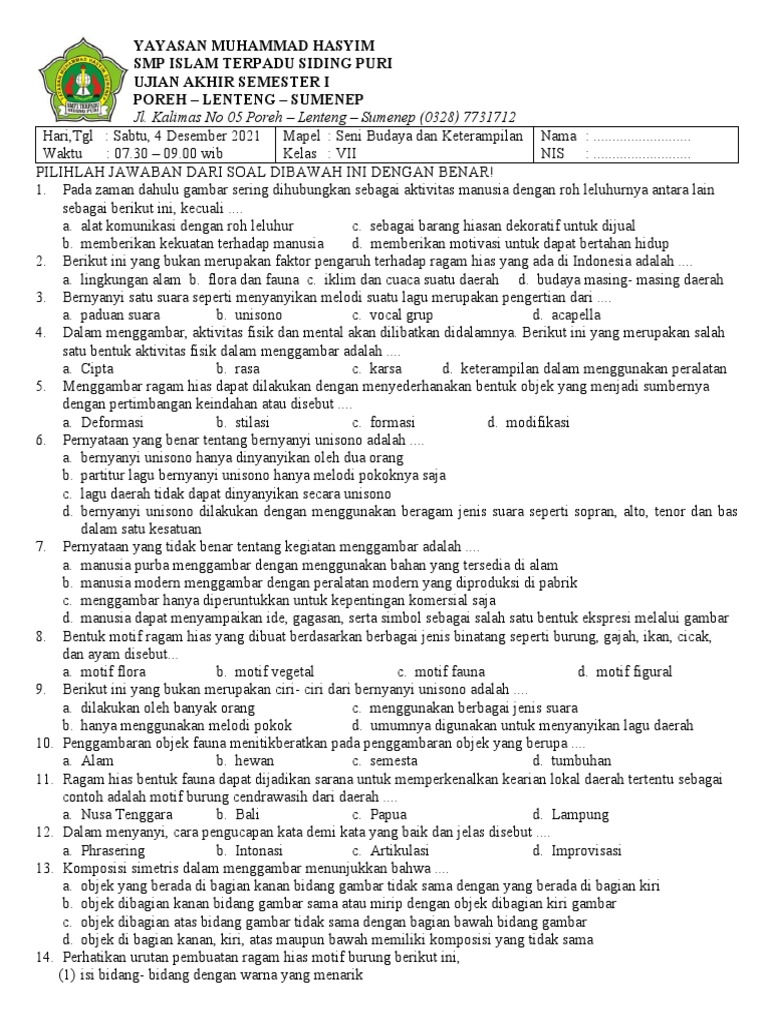 Soal SBK Kelas 7 SMT 1 | PDF