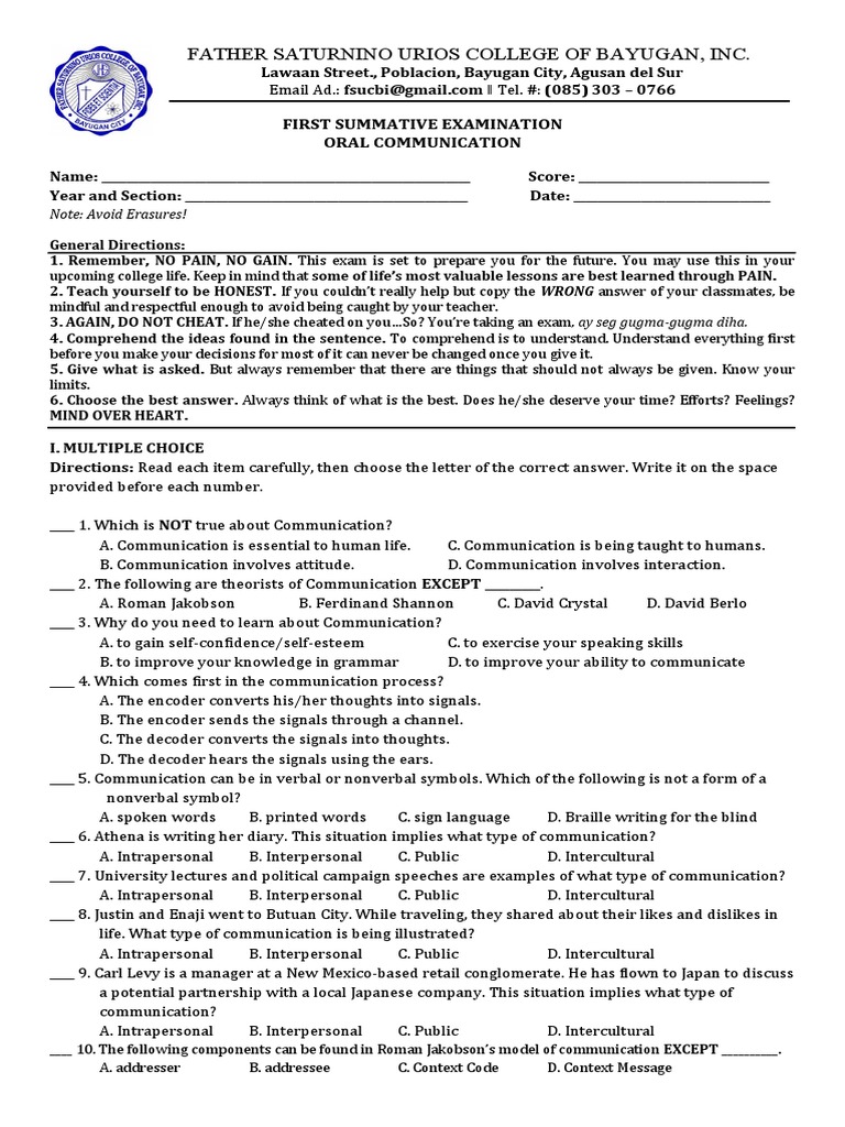 ABM First Summative Examination - ORAL COMMUNICATION | PDF | Communication | Cognitive Science