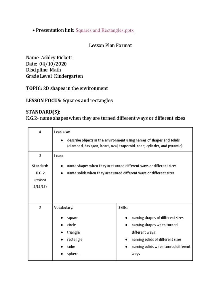 Rectangles and Squares Lesson Plan Kindergarten | PDF | Shape | Rectangle