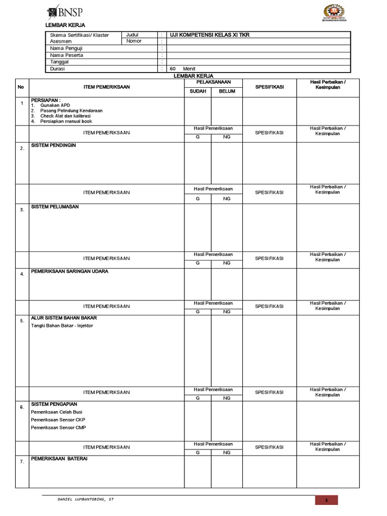 Lembar Kerja Kelas Xi TKR | PDF