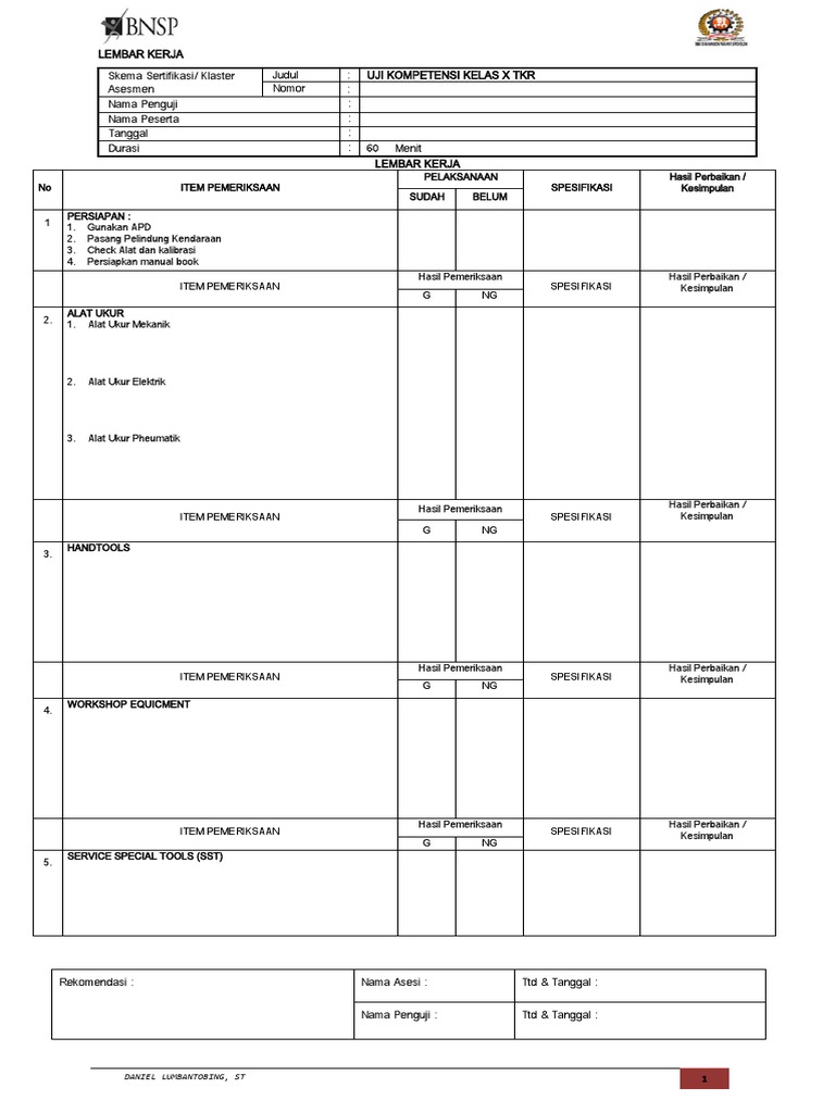 Lembar Kerja Kelas X TKR | PDF