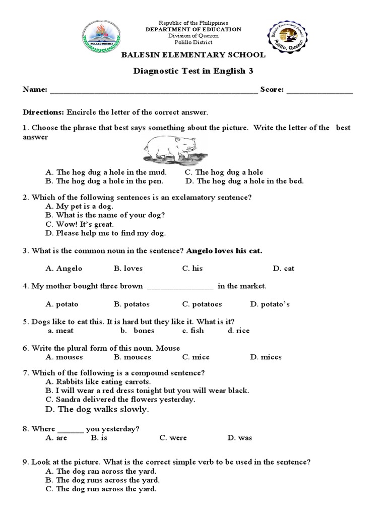 Diagnostic Test In English 3 Balesin Elementary School Pdf