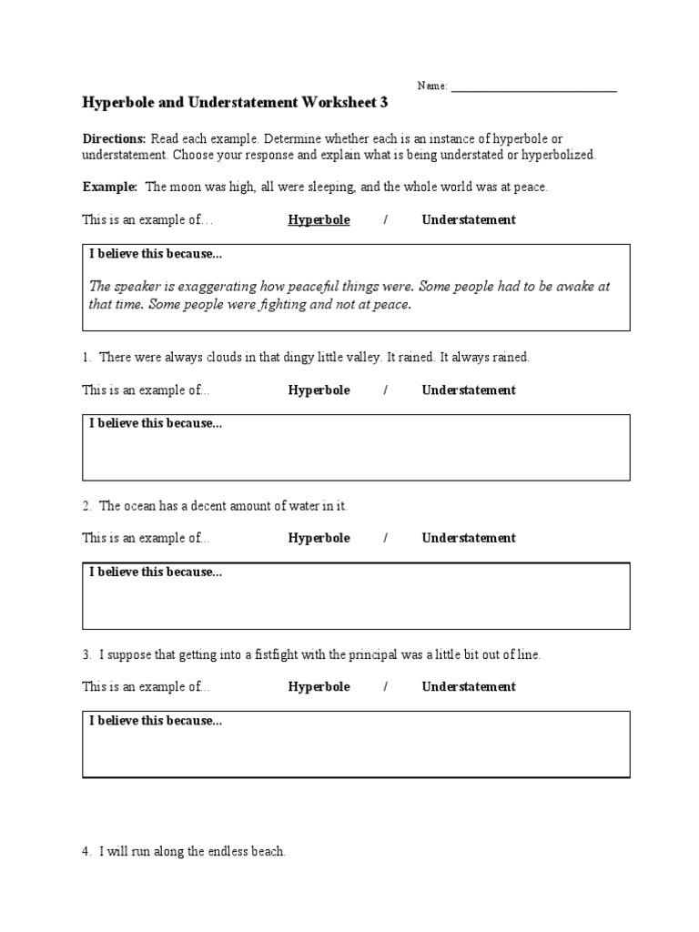 Hyperbole or Understatement Worksheet | PDF | Language Arts & Discipline