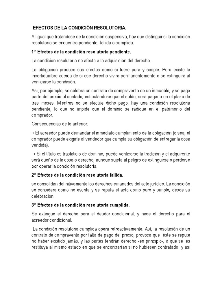 Efectos Condicion Resolutoria y Accion Resolutoria | PDF | Pagos | Ley ...