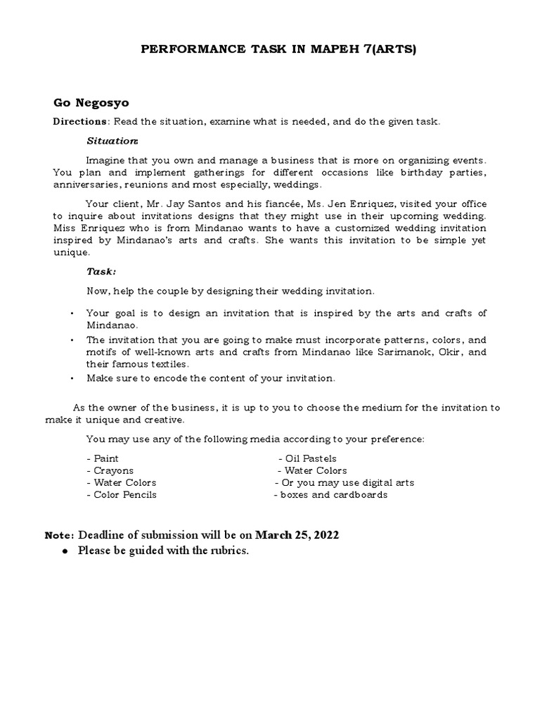 Performance Task in Mapeh 7 Arts | PDF | Cognition