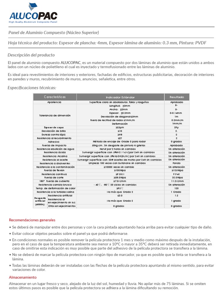 Ficha Tecnica Panel de Aluminio Alucopac | PDF | Aluminio | Química