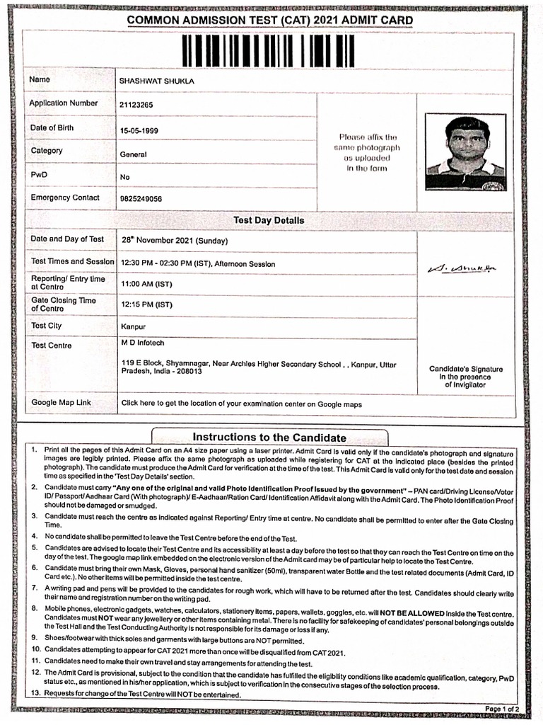 Cat Admit Card | PDF
