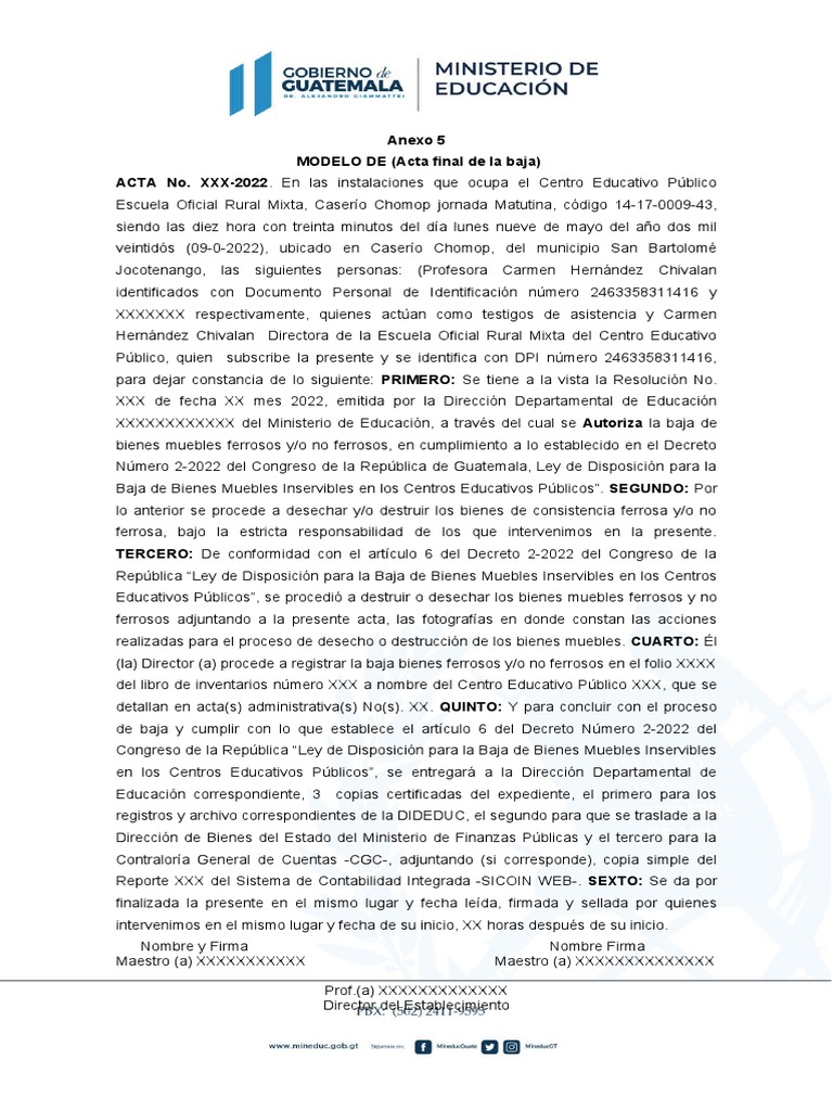 MODELO DE ACTAS BAJA DE INVENTARIOS Chomop 2022 | PDF