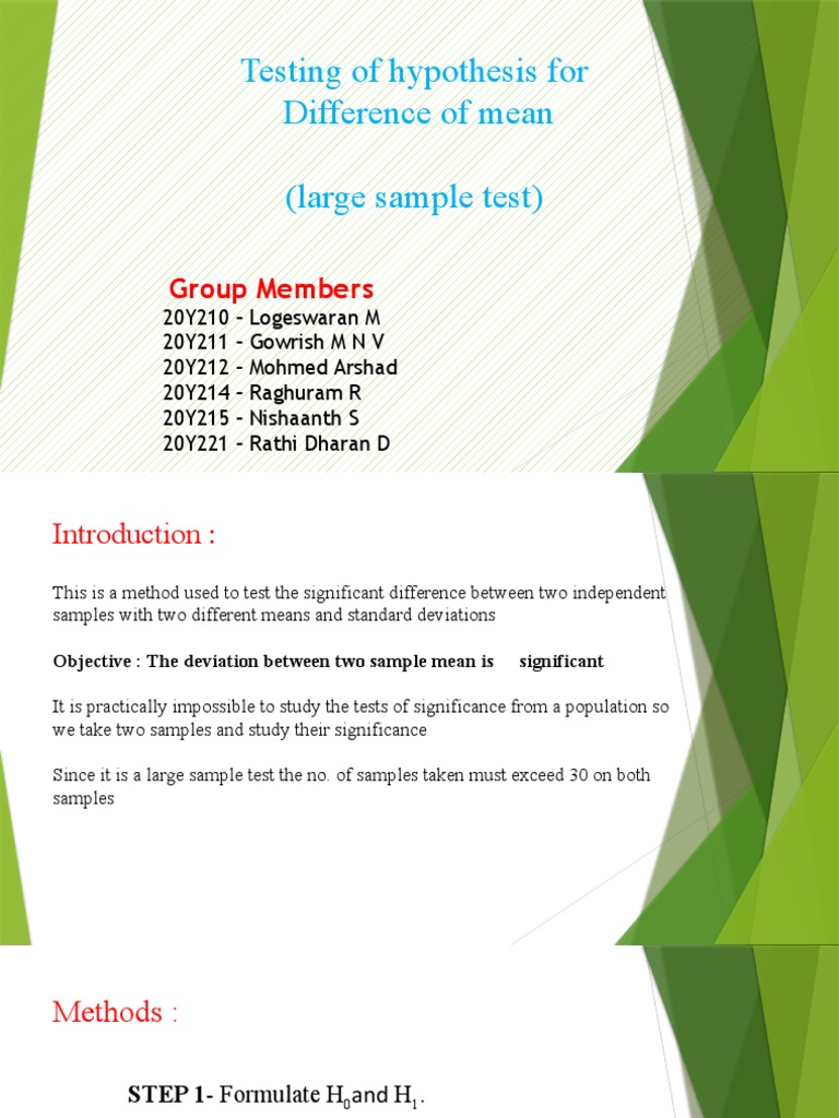Testing of Hypothesis For Difference of Mean (Large Sample Test) | PDF ...