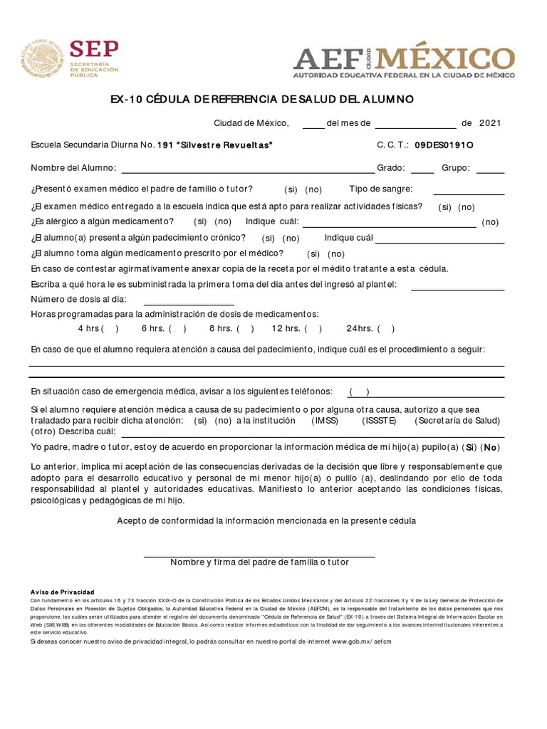 Ex 10 Cedula de Referencia de Salud Del Alumno21 22 | PDF