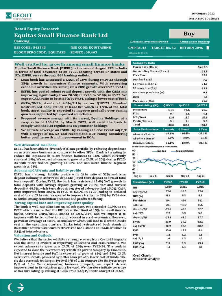 Equitas Small Finance Bank Investment Analysis | PDF | Microfinance | Banks