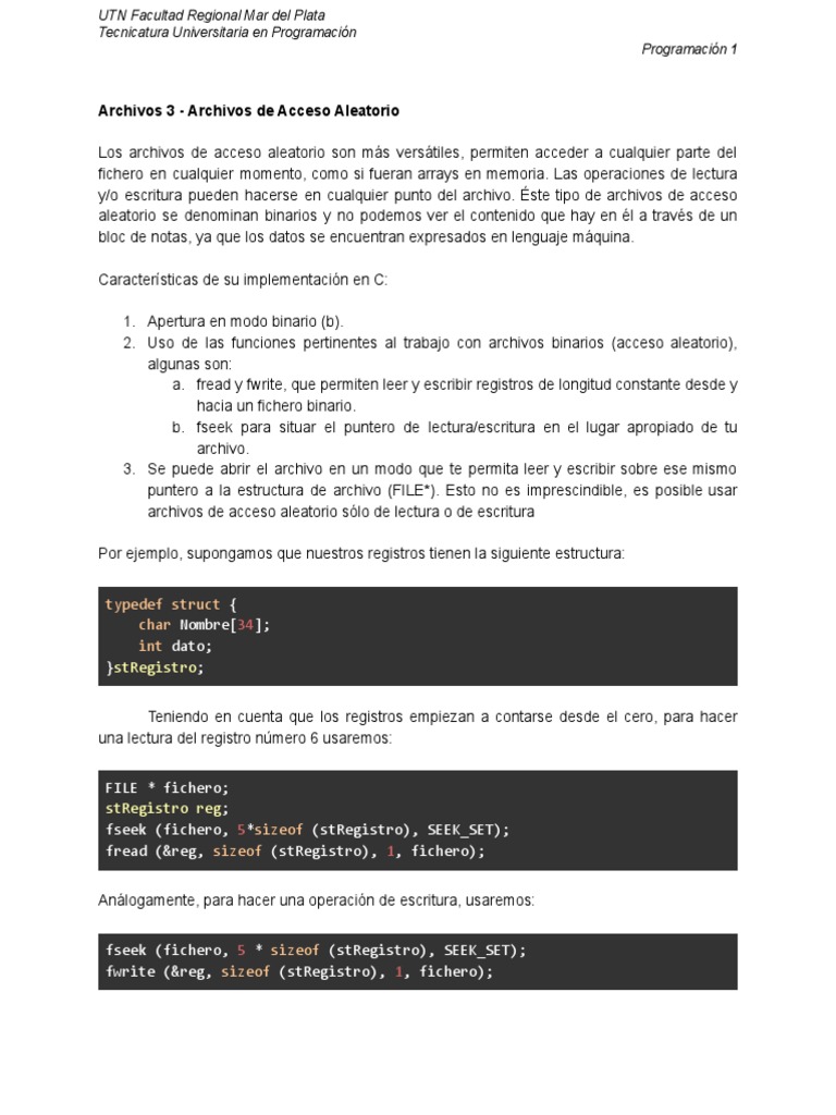 14 - Archivos III Acceso Aleatorio | PDF | Archivo de computadora | Puntero (Programación de ...
