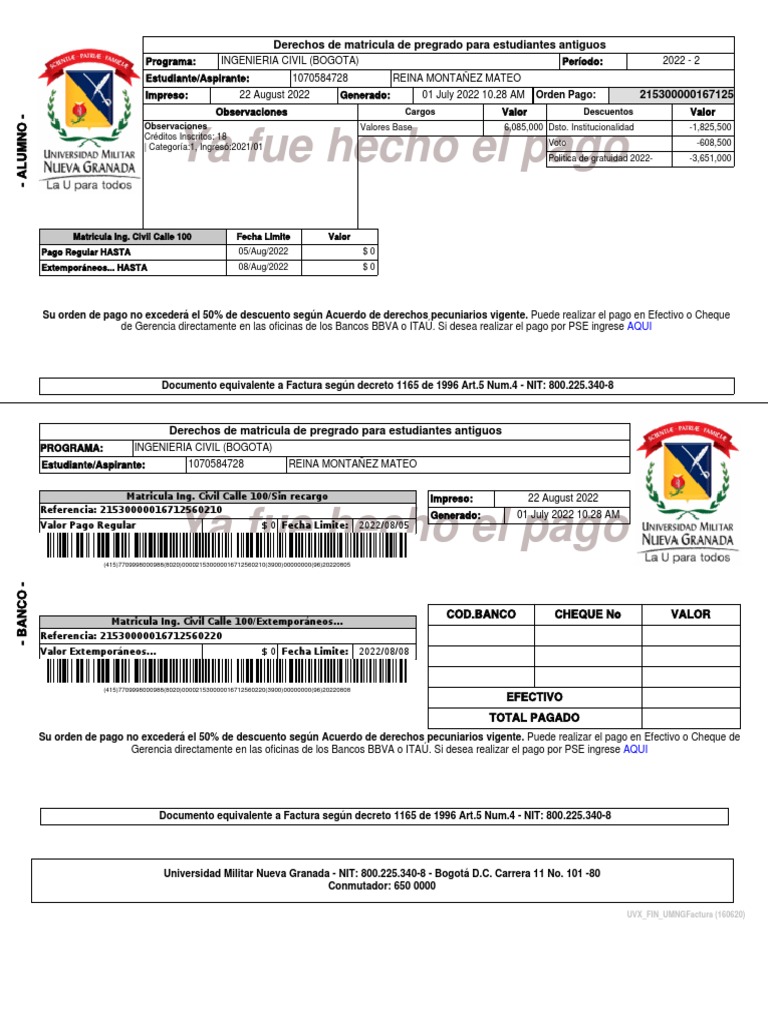 Recibo de Pago Universidad | PDF | Bancario | Pagos