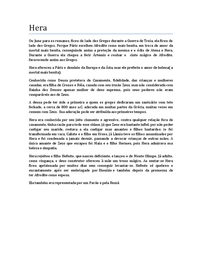 A deusa Hera: protetora do casamento e da fidelidade na mitologia grega | PDF