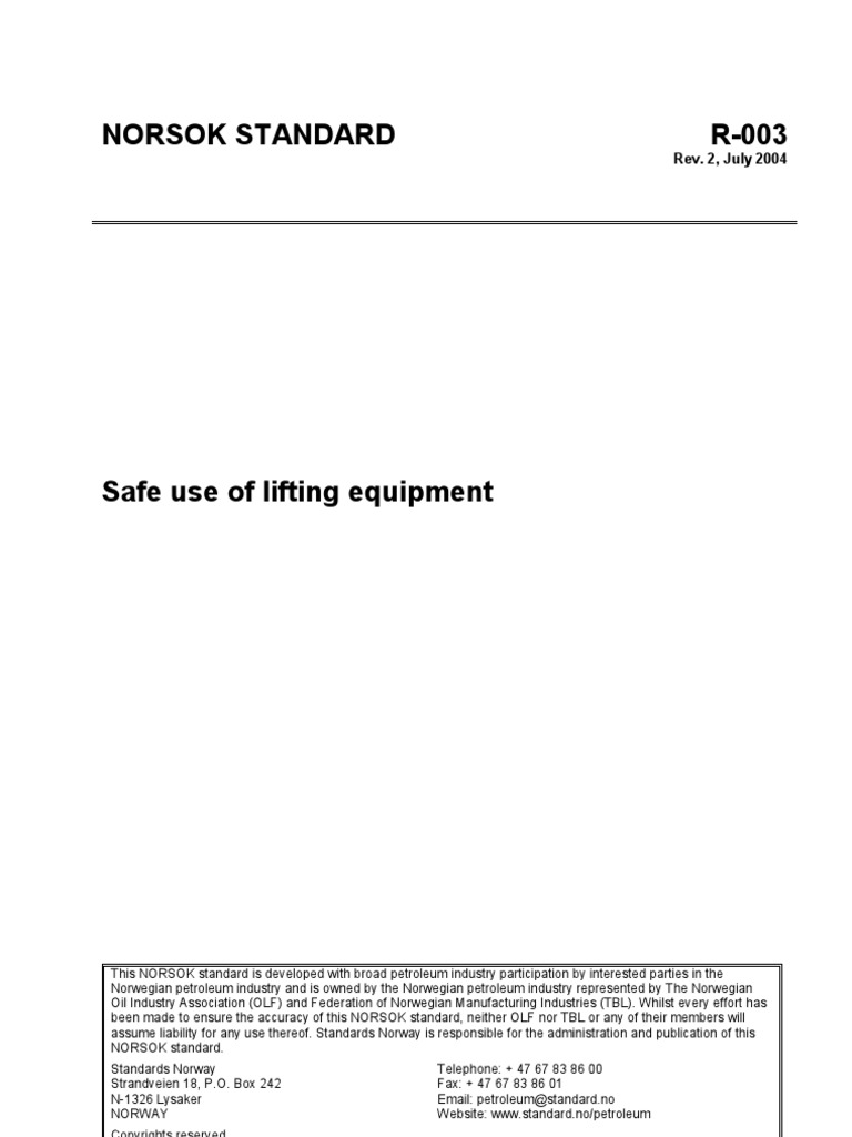 NORSOK R-003 Safe Use of Lifting Equipment | PDF | Elevator | Crane ... NORSOK R-003 Safe Use of Lifting Equipment | PDF | Elevator | Crane ...