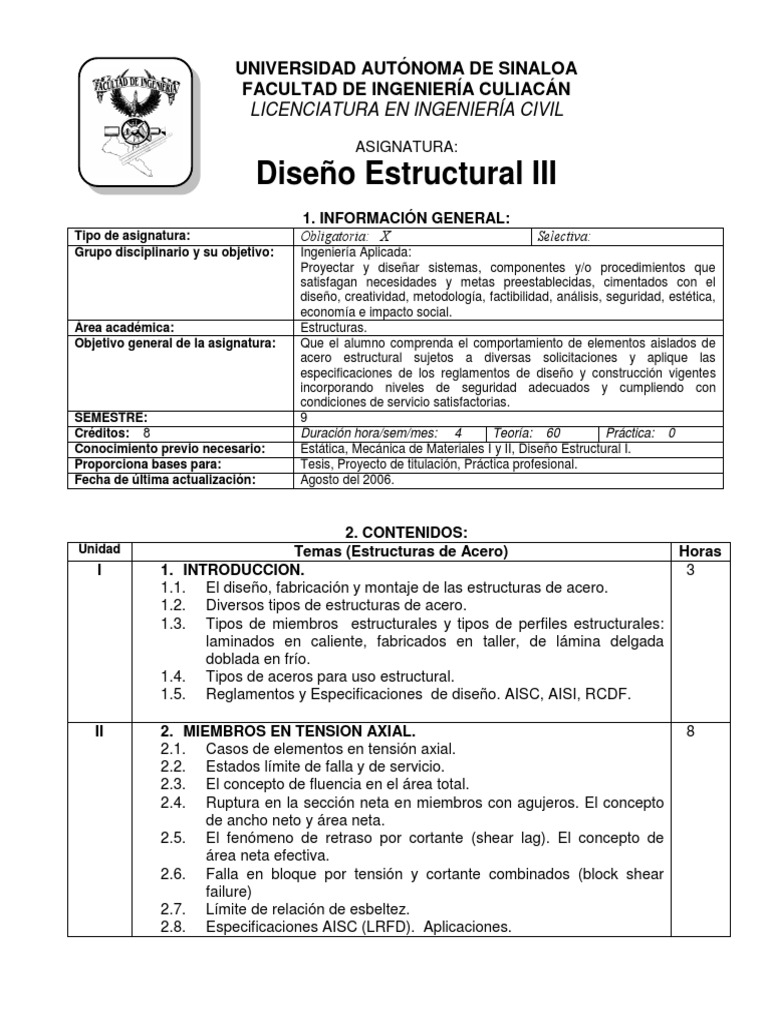 Programa Diseno Estructural Iii | PDF | Pandeo | Diseño