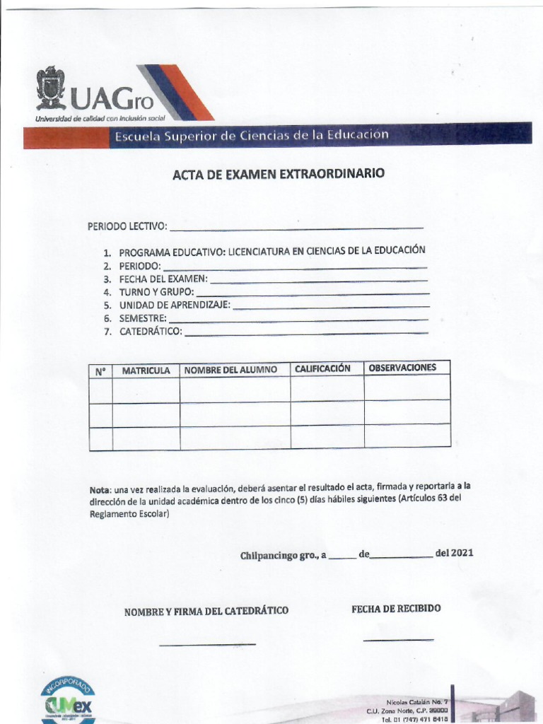 Acta de Examen Extraordinario | PDF Acta de Examen Extraordinario | PDF