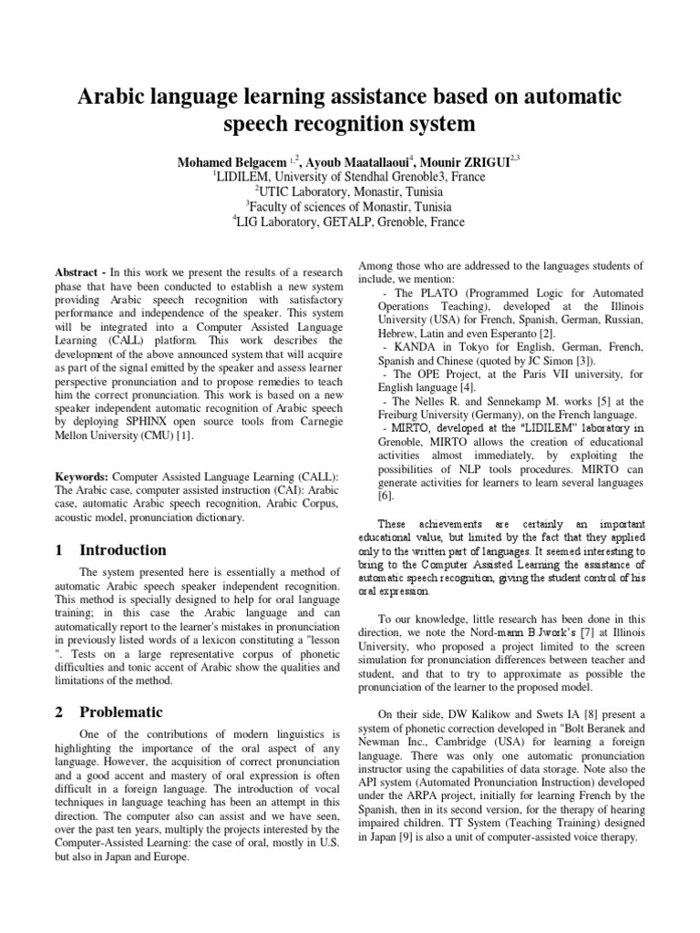 Arabic Language Learning Assistance Base | PDF | Speech Recognition ...
