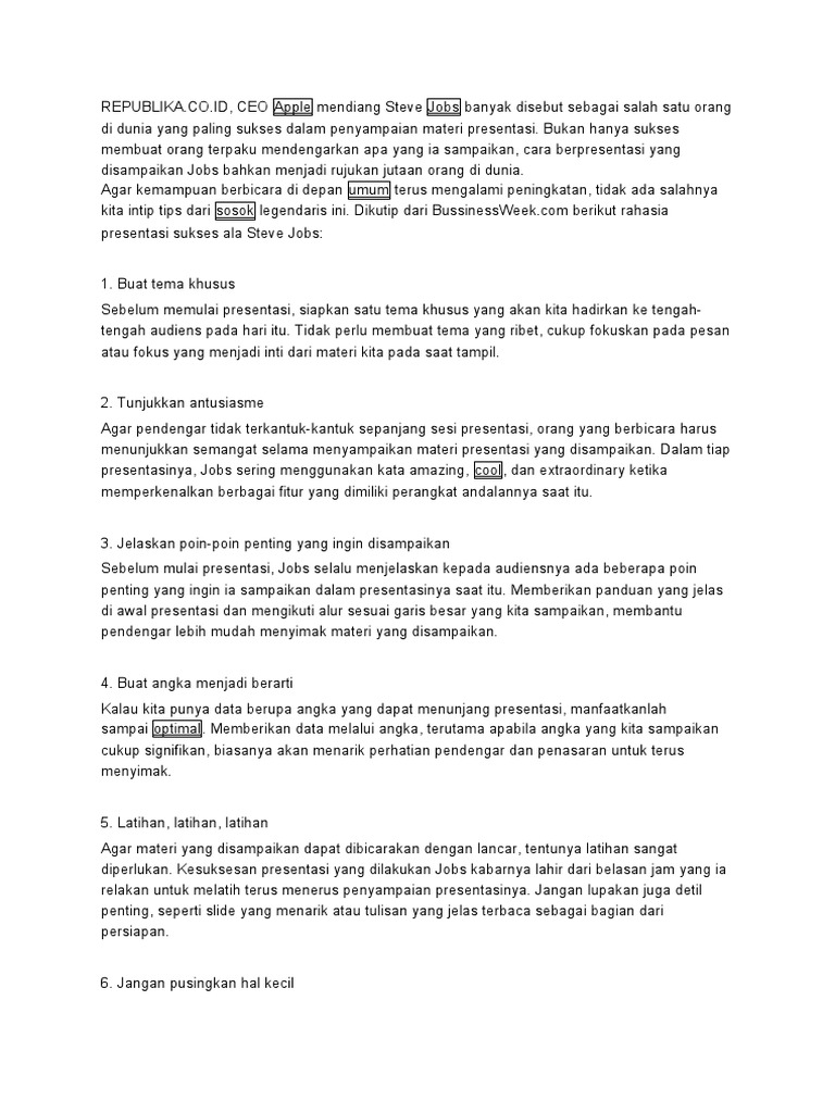 6 Tips Presentasio Steve Jobs | PDF | Karier & Perkembangan 6 Tips Presentasio Steve Jobs | PDF | Karier & Perkembangan