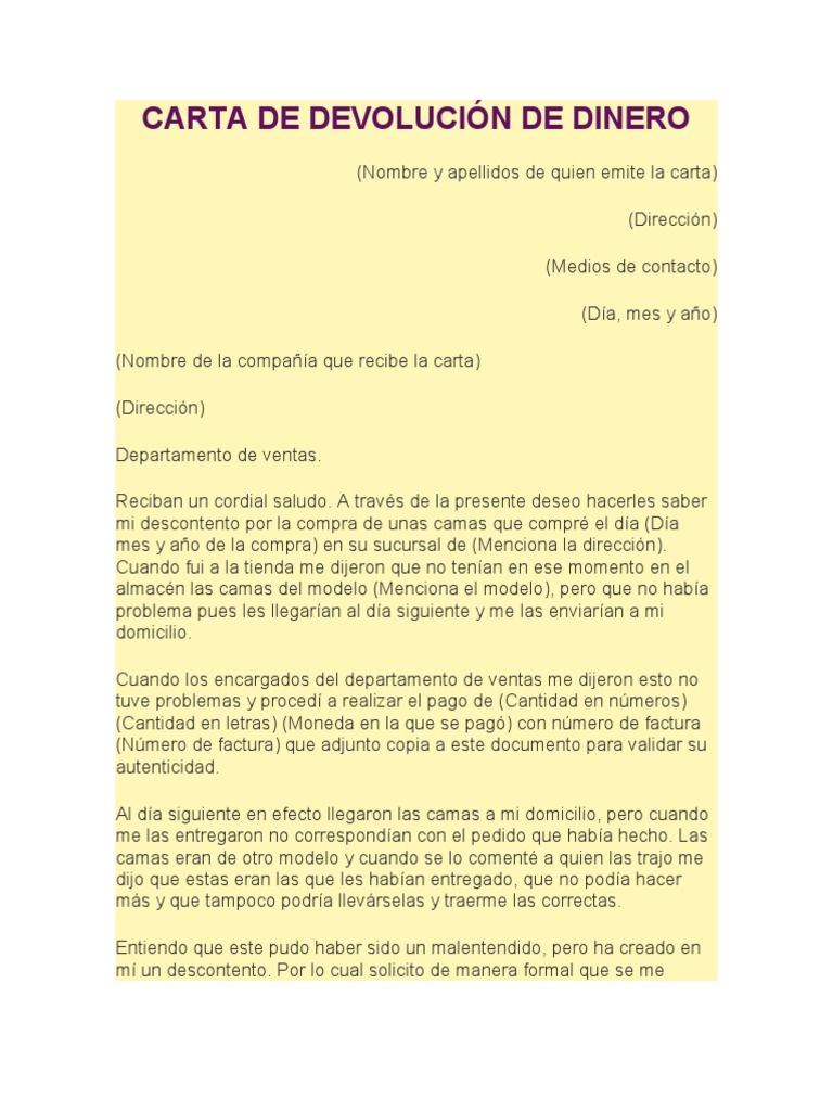 Carta de Devolución de Dinero | PDF | Bancos | Dinero
