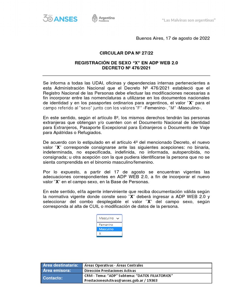 Circular Dpa-027-2022 Registración de Sexo "X" en Adp Web 2.0 Decreto #4762-021 | PDF | Justicia ...