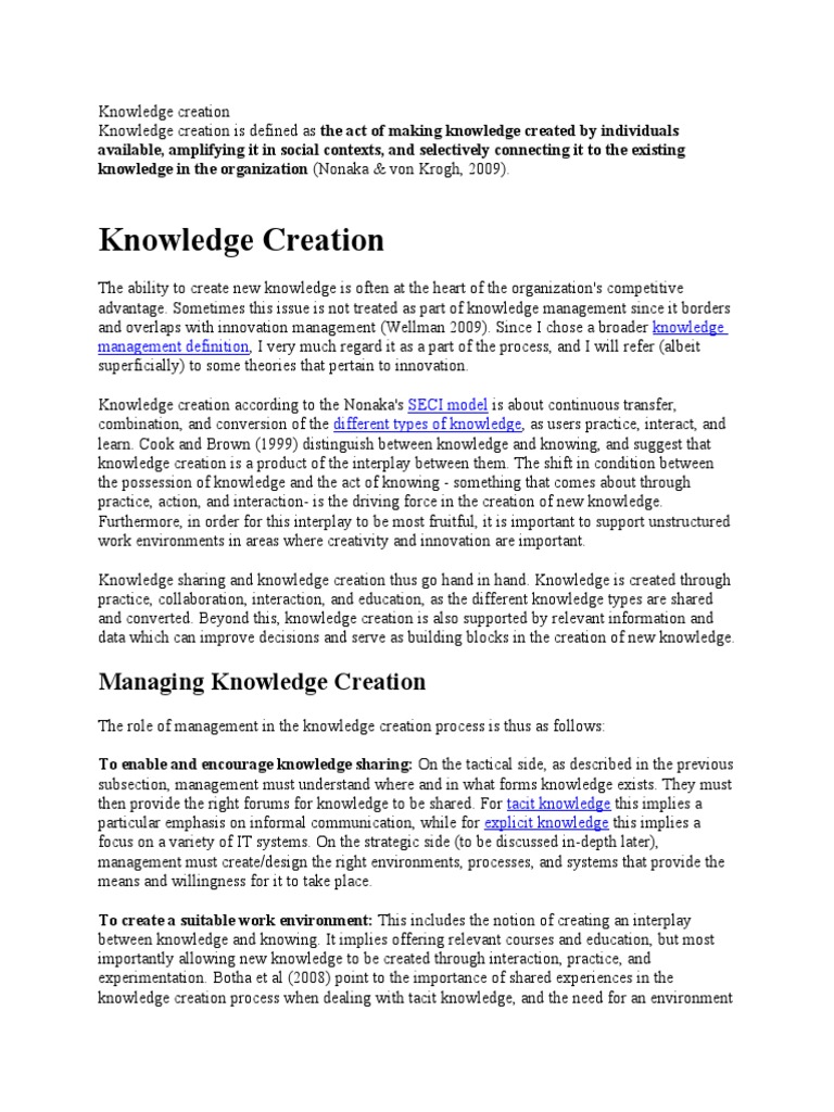 Managing Knowledge Creation | PDF | Computer Network | Internet