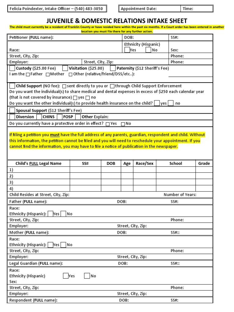 Juvenile & Domestic Relations Intake Sheet: Child's FULL Legal Name SS ...