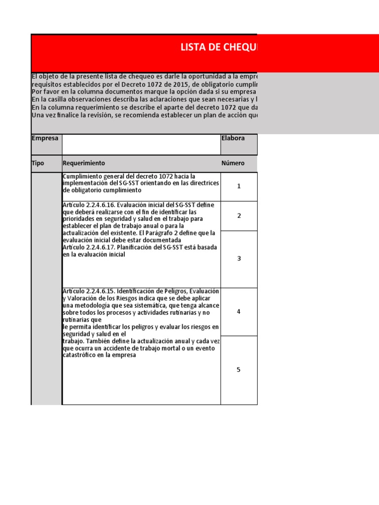 Lista de Chequeo (Evaluacion Inicial) - Decreto 1072 de 2015 | PDF ...