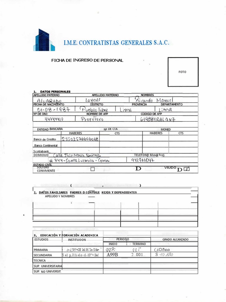 Ficha Ingreso de Personal | PDF