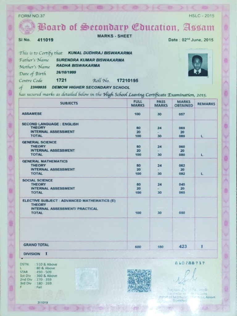 Kunal HSLC Marksheet | PDF | Vocational Education | Student Assessment ...