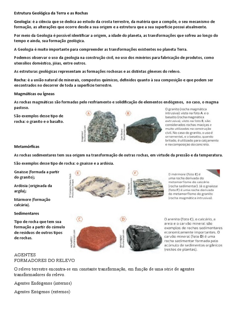 Resumo Estrutura Geológica Da Terra e As Rochas | PDF | Rochas (Geologia) | Terreno