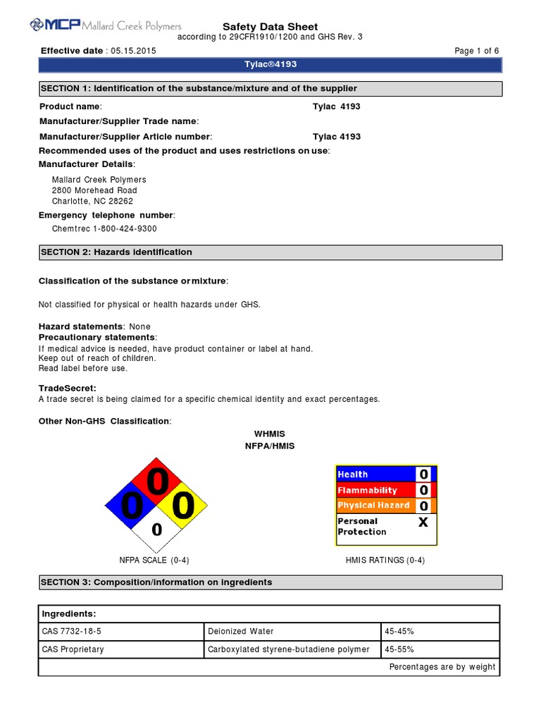 Safety Data Sheet: Tylac®4193 | PDF | Dangerous Goods | Hazardous Waste