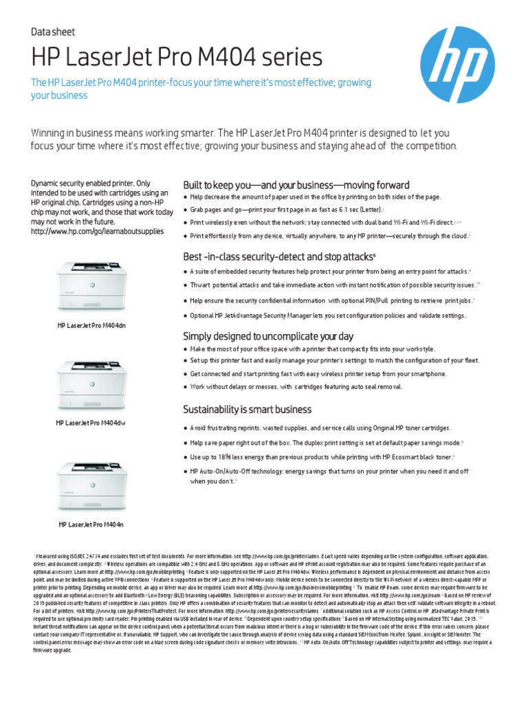 HP LaserJer Pro 404dn Data Sheet | PDF | Wi Fi | Operating System