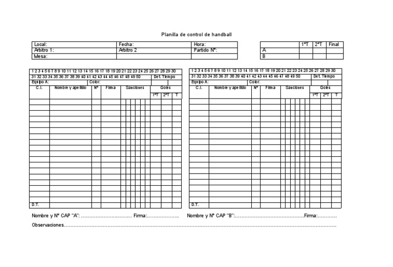 Planilla de control de handball | PDF