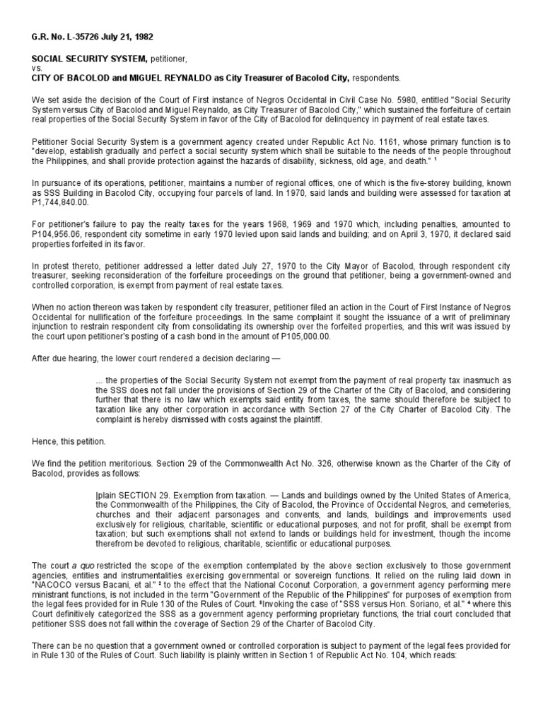 SSS vs. Bacolod: Realty Tax Exemption | PDF | Tax Exemption | Taxes