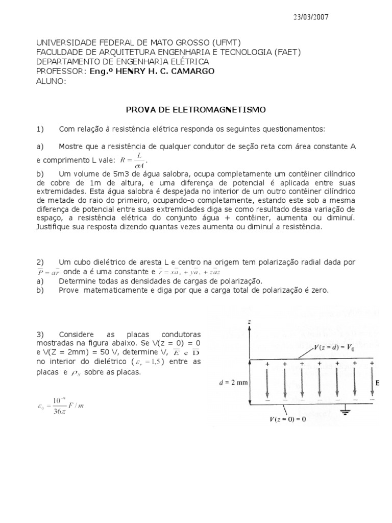 Segunda Prova de Eletromag, VERSÃO 02 | PDF | Resistência elétrica e condutividade | Eletricidade