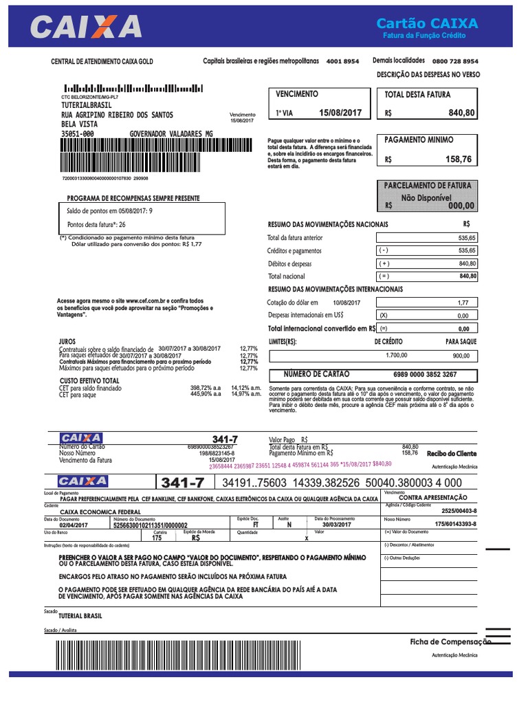 Fatura Cef | PDF | Dinheiro | Economias