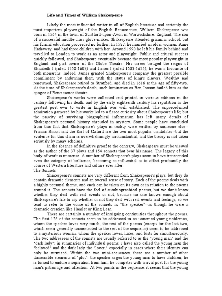 Life and Times of William Shakespeare | PDF | Shakespeare's Sonnets ...