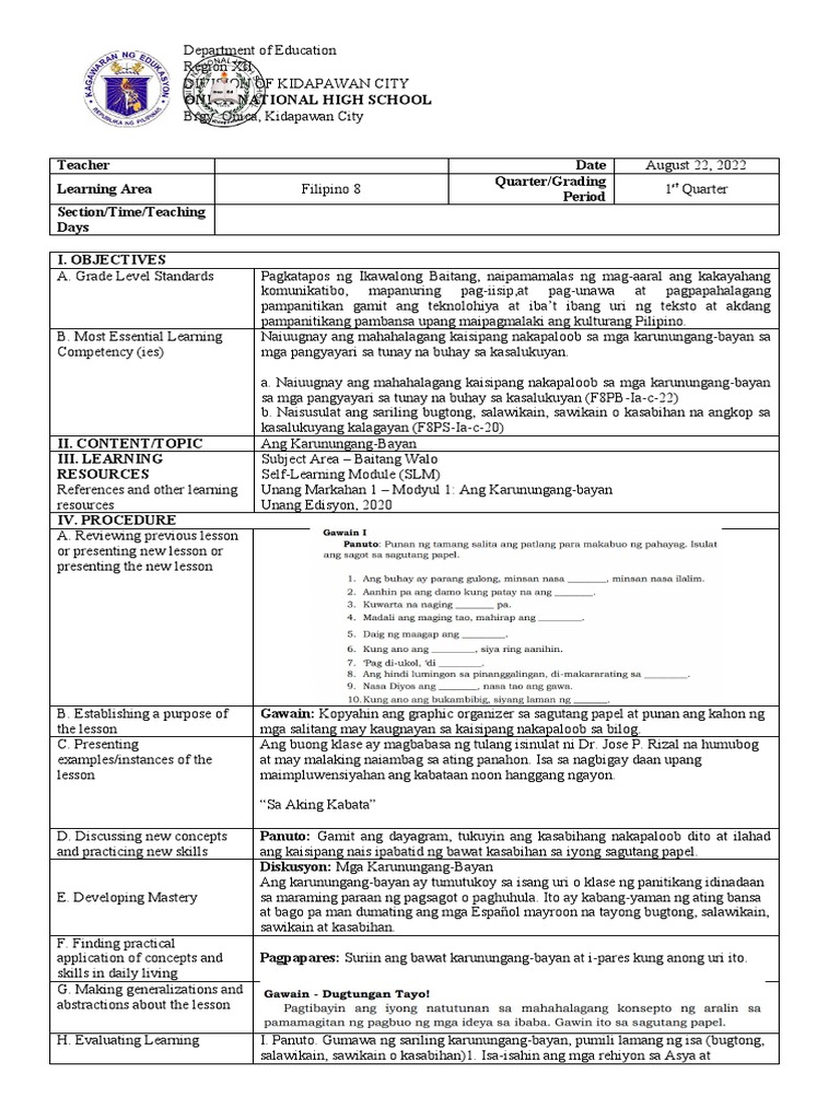Filipino 8 - Karunungang-Bayan Lesson Plan | PDF