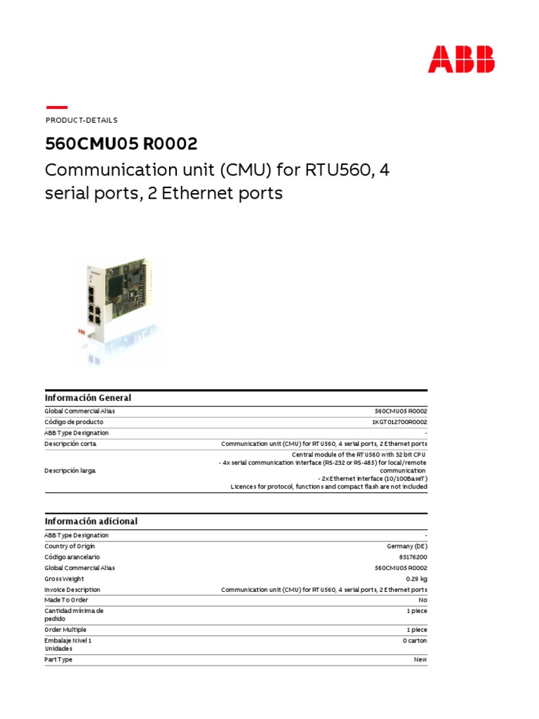 560CMU05 R0002: Communication Unit (CMU) For RTU560, 4 Serial Ports, 2 Ethernet Ports | PDF ...