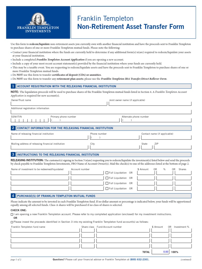 Non-Retirement Asset Transfer Form: Franklin Templeton | PDF | Investing | Mutual Funds