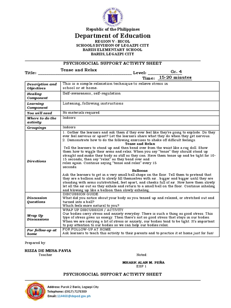 Psychosocial Support Activity Sheet No. 2 | PDF | Learning | Stress ...