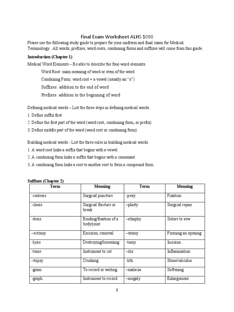 ALHS 1090 Final Exam Worksheet | PDF | Anatomical Terms Of Location | Anatomical Terms Of Motion